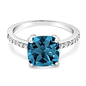 Gem Stone King 2.86 Cttw London Blue Topaz Engagement Ring For Women In 925 Sterling Silver | Cushion Cut 8MM | Gemstone Birthstone | Available In Size 5,6,7,8,9