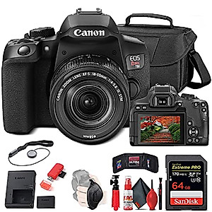 Canon EOS Rebel T8i DSLR Camera with 18-55mm Lens (3924C002), 64GB Card, Case, Card Reader, Flex Tripod, Hand Strap, Cap Keeper, Memory Wallet, Cleaning Kit