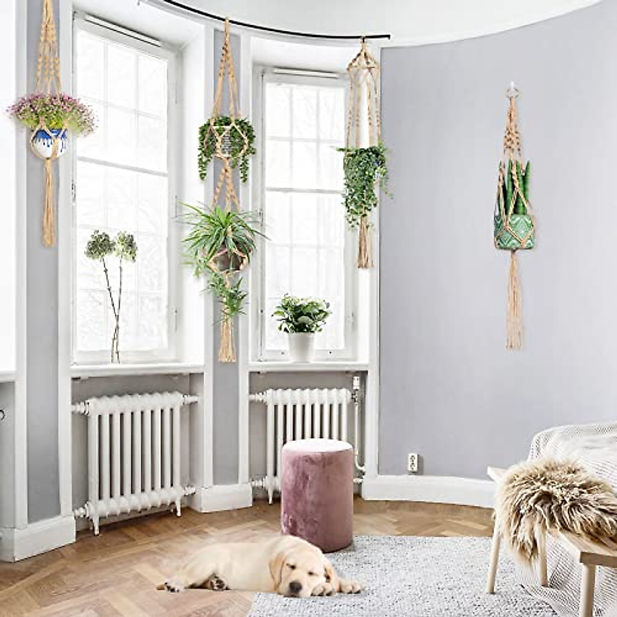 PIKAMAO Macrame Plant Hanger, 5pcs Jute Plant Hanger Indoor with 5pcs Hooks, Handmade Weave Hanging Plant Holder for Indoor Outdoor Boho Home Décor