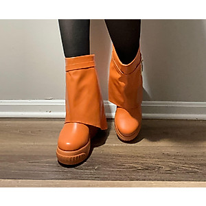 Liliana Women Round Toe Wedge Heel Fold Over Mid-calf Boots Brook-1 Orange Pu 8.5