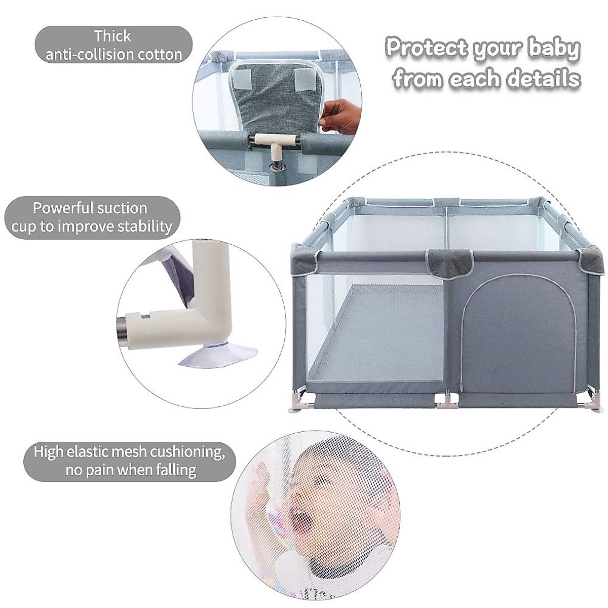 Baby Playpen Extra Large Activity Center Indoor & Outdoor Large Playpen with Anti-Slip Base Sturdy Safety Fence with Super Soft Breathable Mesh