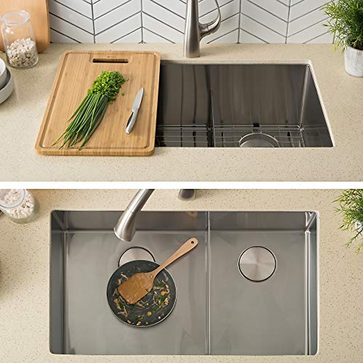 Kraus KHU103-32 Standart PRO 32 inch 16 Gauge Undermount 60/40 Stainless Steel Set (8 Item Bundle: Sink, Bottom Grid Assembly, Drain Cap x2, Kitchen Towel), 32, 50/40 Double Bowl, Silver