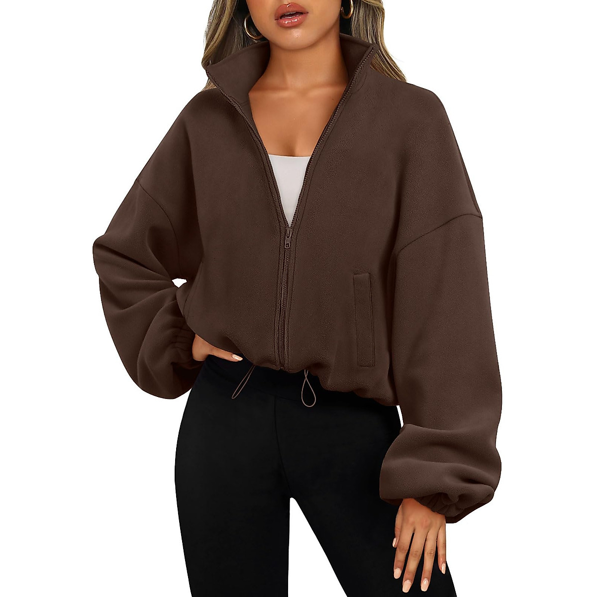 AUTOMET Womens Fleece Jackets Zip Up Oversized Sweatshirts Winter Clothes Long Sleeve Crop Sherpa Fall Outfits Fashion Brown S