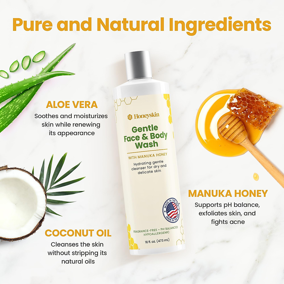 Face and Body Wash for Women and Men - Acne Body Wash Moisturizing for Sensitive Skin - Hydrating Facial Cleanser - Gentle Exfoliating Wash - with Manuka Honey (16oz)