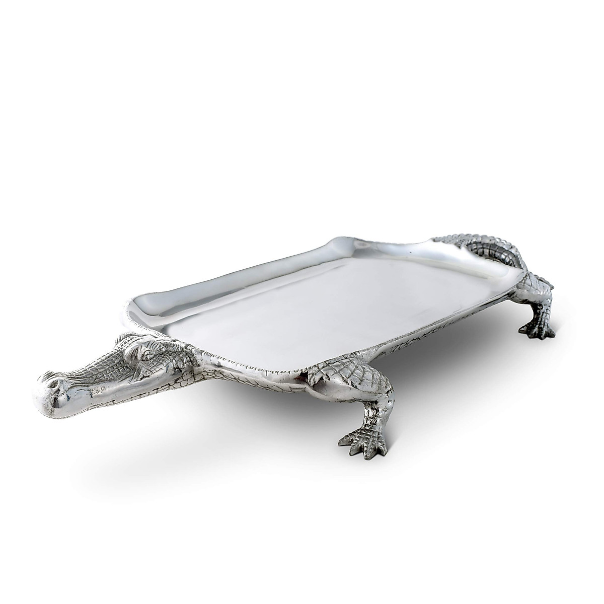 Arthur Court Designs Aluminum Alligator Figural Platter Food Serving Tray Florida Gator Theme Metal Artisan Quality Hand Polished Tarnish-Free 21 inch x 11 inch