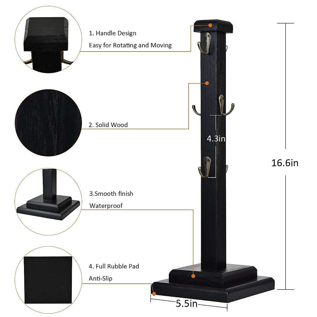 EMASON Rustic Coffee Mug Tree Stand, Solid Wood Holder for 6 Mugs, Space-Saving Kitchen Organizer, Stylish and Sturdy Cup Display Rack, Black