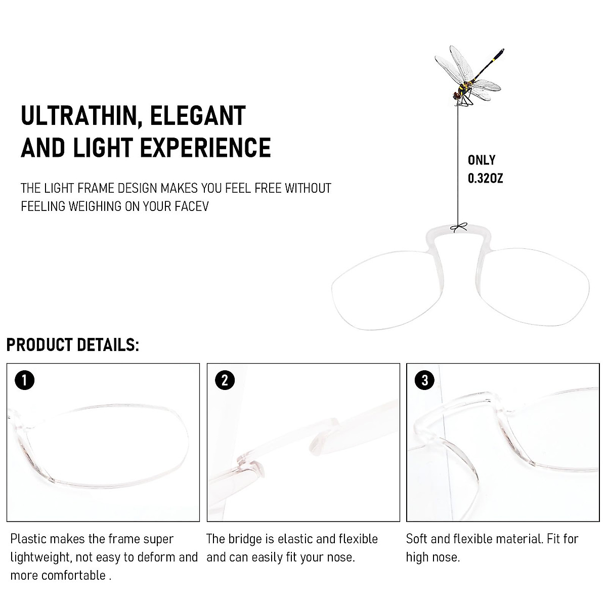 DXYXYO Armless Thin Reading Glasses for Men and Women Mini Lightweight Legless Clip on Nose Readers 3 Pack, +1.5