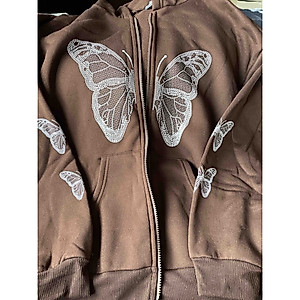 Ethbox Harajuku Women's Zipper Connecting Gothic Butterfly Printing Hatshirt Y2K zipper retro -graphic hoodie (Coffee,Large,Large)