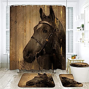 AtGoWac 4 Pcs Set Horse Shower Curtain Set with Rugs Farmhouse Animal Rustic Brown Horse Shower Curtain Bathroom Decor