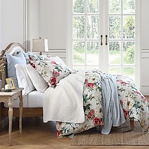 HiEnd Accents Floral Bedding Peony Washed Linen 3 Piece Super Queen Size Duvet Cover Set, Cottage Garden Botanical Rose Print Bed Set, Women Girls Flower Comforter Cover with Pillow Shams