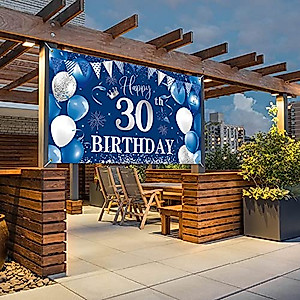 30th Birthday Banner Backdrop,BTZO Happy 30th Birthday Decorations,Blue Silver Fabric Photo Backdrop Background for Men and Women 30th Birthday Party,70.8 x 43.3Inch