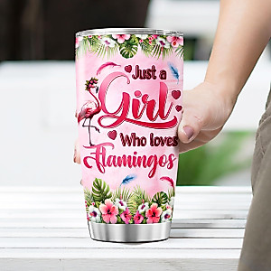 Tumblers Handle Steel Flower Hot Coffee Stainless Floral Insulated, Flamingo Gifts, Tumbler 20 Oz With Lid And Straw, Flamingo Just A Girl