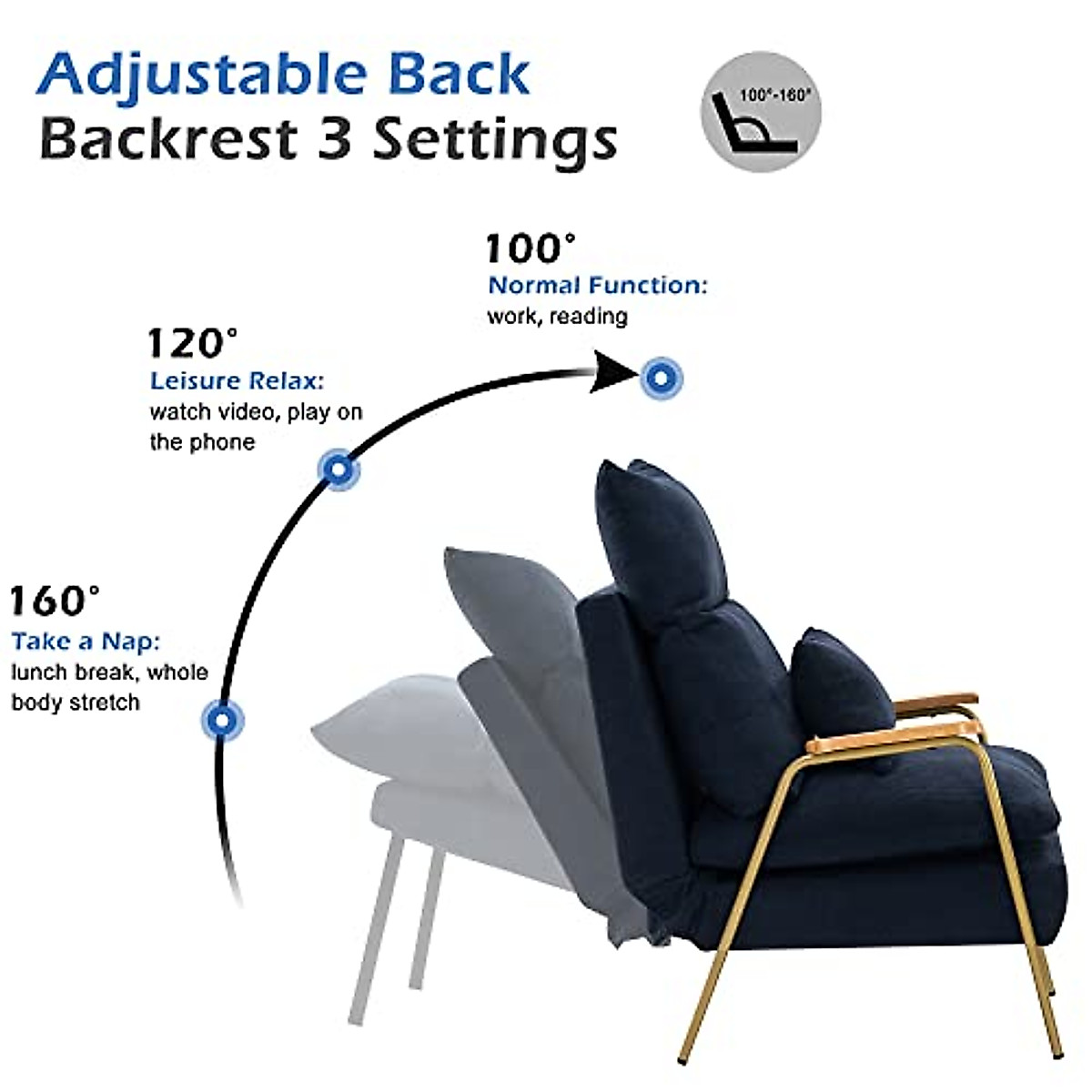 MCombo Accent Recliner Chair with Ottoman, Modern Fabric Armchair, Upholstered Sofa Bed for Living Room Bedroom, Small Space 4055 (Golden Frame, Dark Blue)