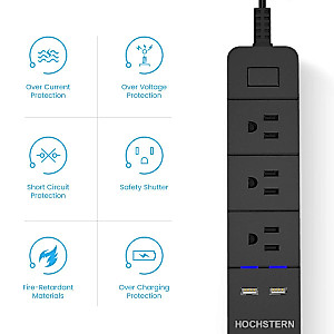 Travel Power Strip, with 3 USB Ports, 5 Ft Extension Cord and 2 Outlet Charging Station Household Office Market US Plug 90V-250V 30KW