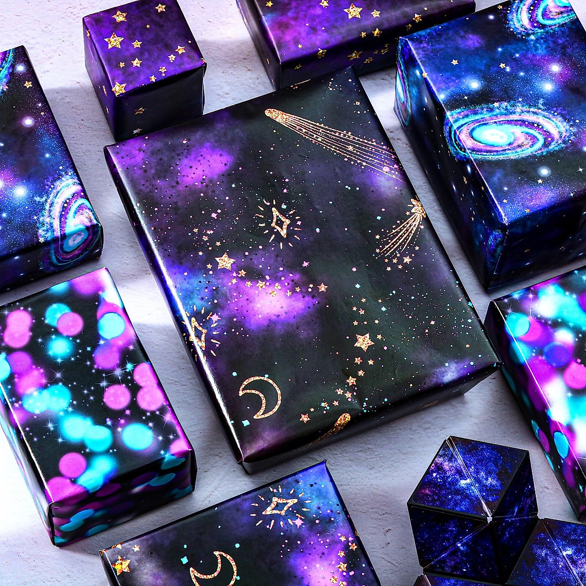 Dtiafu Galaxy Wrapping Paper for Girls Boys Women Men - 12 Sheets Space Gift Wrap Paper with Solar System Planet Sparks Meteors Constellations Great for Birthday Baby Shower - 20 x 28 Inches Per Sheet