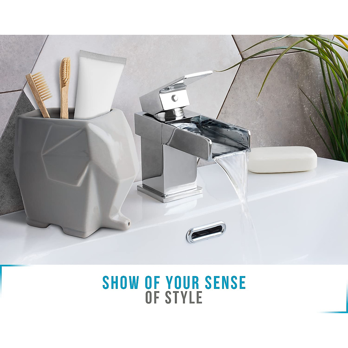 Novelty "Elephant" Cutlery Holder & Drainer for your Kitchen Sink - Multifunctional & Decorative Silverware Organizer, Utensil Caddy or Toothbrush Holder Made of Premium Ceramic - Grey