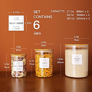 CZZGSM Set of 6 Glass Flour and Sugar jars with 132 Kitchen Pantry Labels - Thicken Large Glass Storage containers with Airtight Bamboo Lid - Glass Rice Canisters for Salt Coffee(100OZ/54OZ/27OZ)
