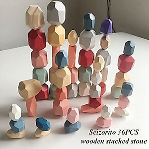 Scizorito 36 PCS Wooden Colorful Sorting Stacking Balance Stone,Lightweight Educational Preschool Learning Game, Natural Montessori Puzzle Set Toys for Children Over 3 Years Old