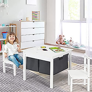 Costzon Kids Table and Chair Set, Children Wooden Activity Table w/Storage, Double-Sided Building Block Tabletop, Drawers, 2 Chairs for Preschool, Nursery, Kindergarten, Toddler Table & Chair (White)