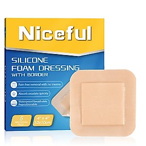 Niceful Silicone Foam Dressing 4"x4", Waterproof Silicone Bandages with Border Adhesive, High Absorbency Bed Sore Bandages Wound Care Dressing (2.5"X2.5" Pad), 5 Packs, FSA HSA Eligible