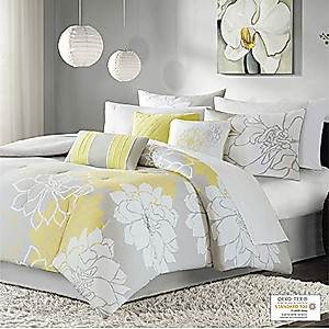 Madison Park Lola Sateen Cotton Comforter Set-Casual Medallion Floral Design All Season Down Alternative Bedding, Shams, Bedskirt, Decorative Pillows, Queen(90"x90"), Grey/Yellow, 7 Piece