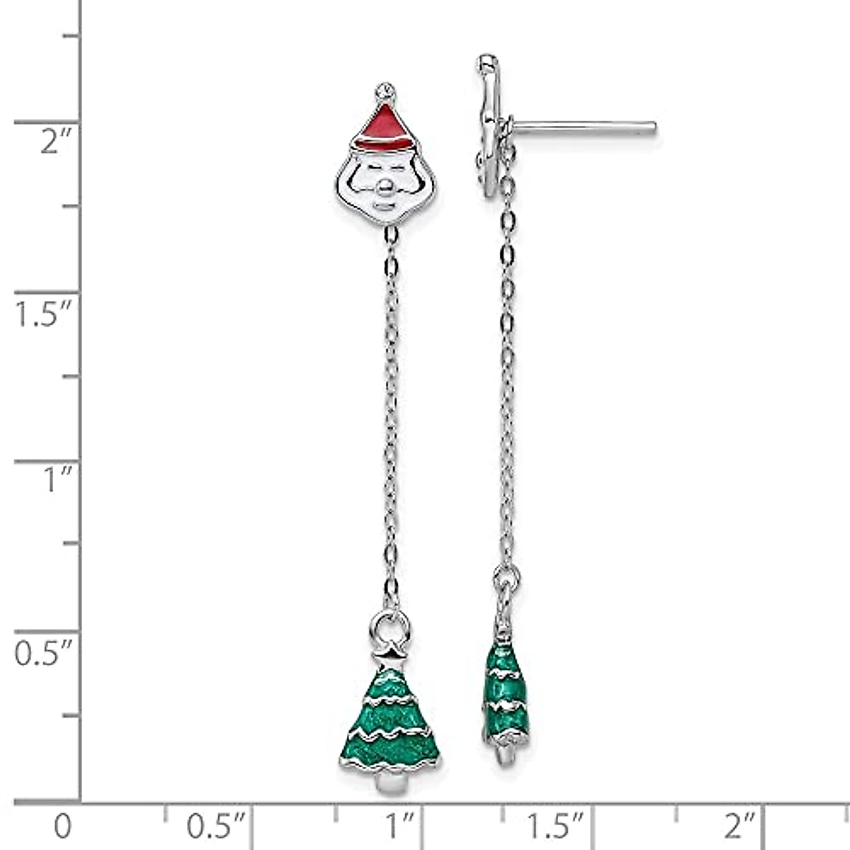 Diamond2Deal Sterling Silver RH-plated Enameled Crystal Santa/Tree Stud Earrings (L- 2.01 in, W- 0.3 in)