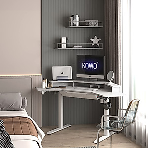 kowo L Shaped Height Adjustable Electric Standing Desk with USB C Hub & Wireless Charger, Sit Stand Corner Desk, Memory Settings, Stand Up Computer Desk Adjustable Table, White