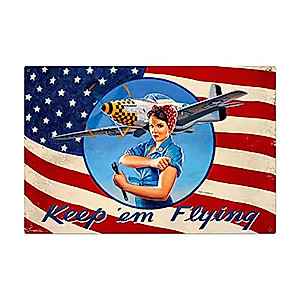 ILKSTI Rosie Riveter Keep em Flying Patriotic WWII Tin Signs Vintage Decor for Bars,Diner,Cafes Pubs Garage Home Wall Art Poster Metal Plaques 11.8x7.9 Inch