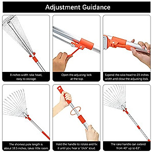 Buyplus Adjustable Garden Leaf Rake - 24 to 63 Inch Telescopic Metal Rake, Expandable Folding Leaves Rake for Lawn Yard, Flowers Beds and Roof