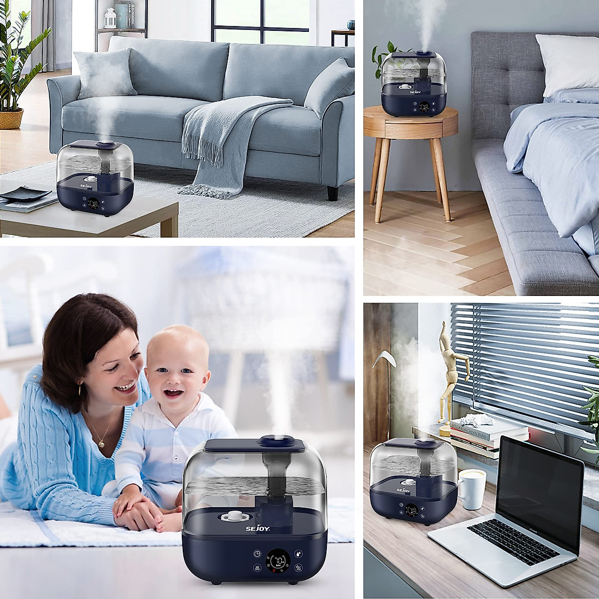 Sejoy Humidifiers for Bedroom Large Room 5L Quiet Ultrasonic Warm & Cool Mist Humidifier, Auto-Shut Off, Humidifiers for Babies Nursery Bedroom Whole House Office Plants, Navy Blue