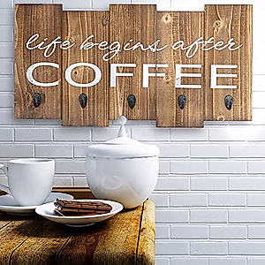 Barnyard Designs ‘Life Begins After Coffee’ Hanging Mug Holder, Wall Mounted Coffee Cup Organizer Rack, Rustic Farmhouse Wood Wall Decor Sign, For Kitchen, Coffee Bar or Cafe, Gray and White, 25” x 13