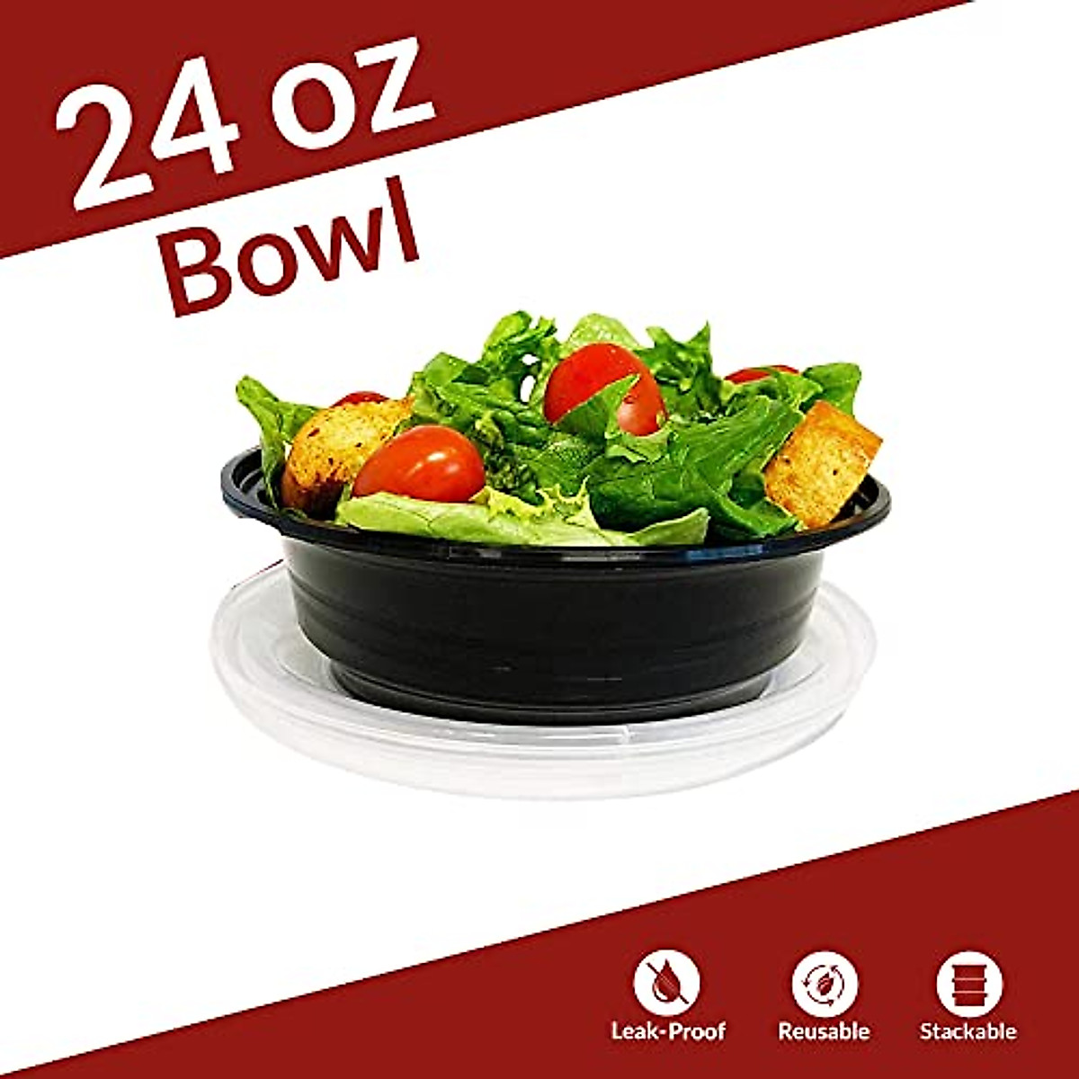 Reli. Meal Prep Container Bowls, 24 oz. | 50 Pack | Round Meal Prep Containers with Lids | Reusable 24 oz Bowls/Food Containers | Microwavable Bowls with Lids, Black Food Storage Containers | Black