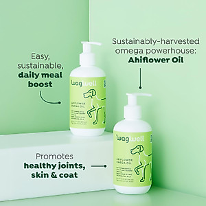 WagWell Ahiflower Omega Oil - Vet-Formulated Skin, Coat, Hip and Joint Supplement for Dogs - Plant-Based Omega 3, 6 and 9 Supplement - Natural Non-GMO Dog Omega Oil, 8 fl.oz. Pump Bottle