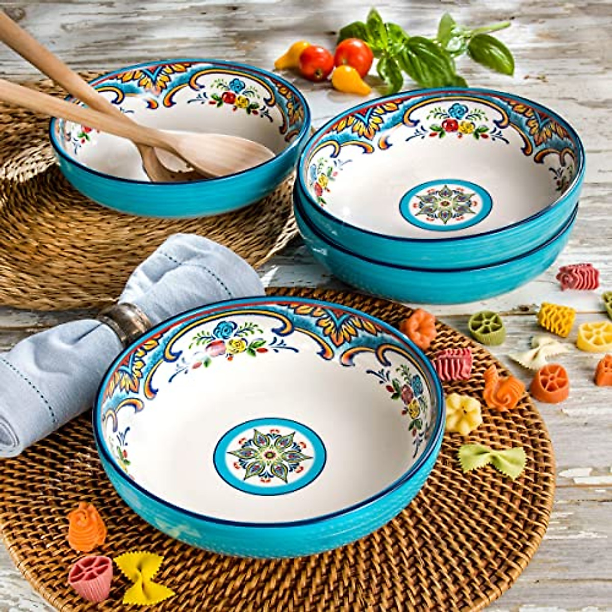 Euro Ceramica Zanzibar Collection Pasta Bowl Sets, Set of 4, Spanish Floral Design, Multicolor Blue