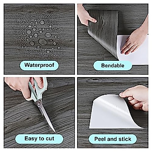 Skyblur Dark Grey Wood Planks Peel and Stick Floor Tile Stickers for Bathroom Bedroom DIY Vinyl Plank Tiles for Kitchen Waterproof Self Adhesive Flooring 35x6 Inch 4 Sheets