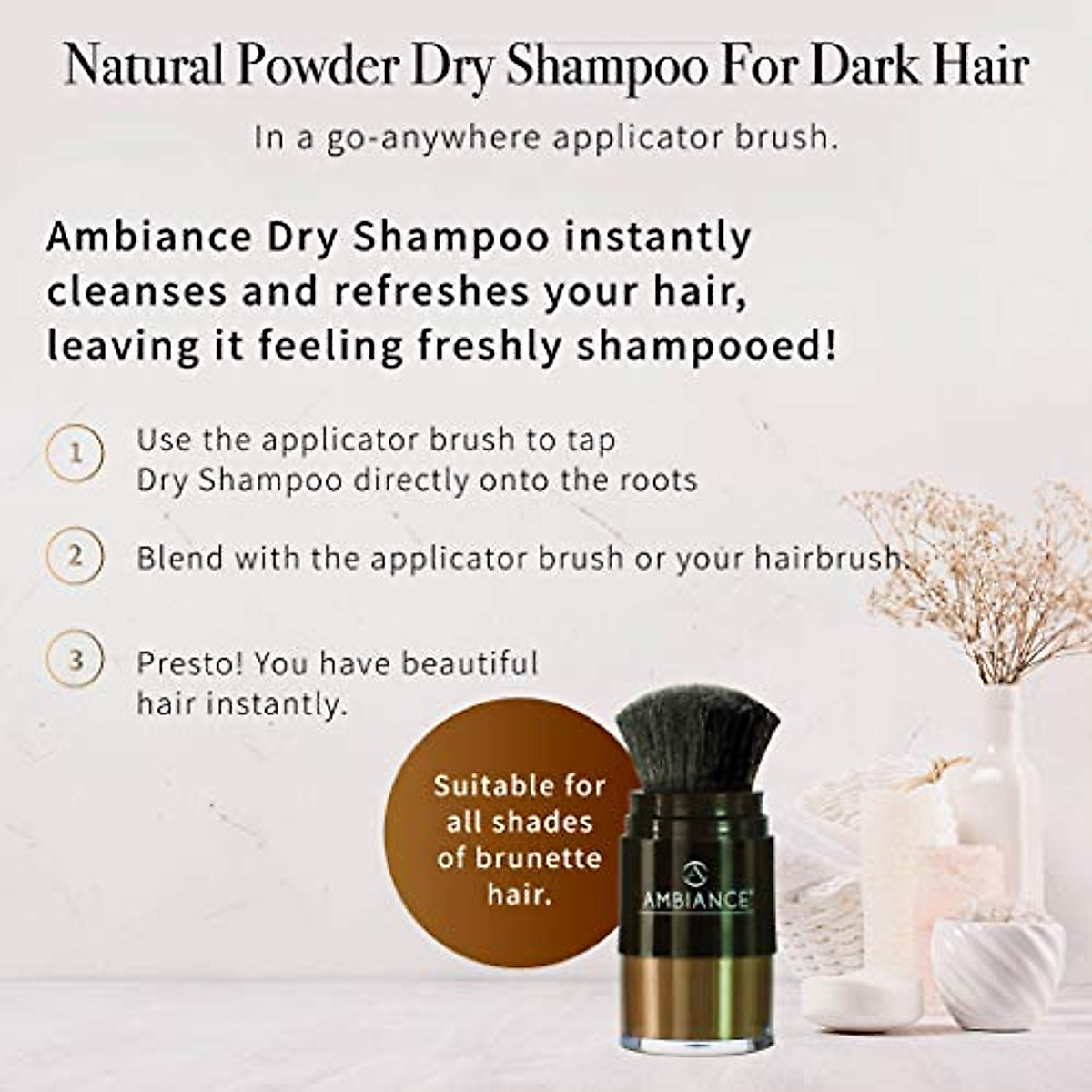 Natural Dry Shampoo for Women & Men by Ambiance | Brunette Tinted Powder | Travel Size Applicator Brush for Dark Brown Hair | Cleansing, Refreshing, & Volumizing