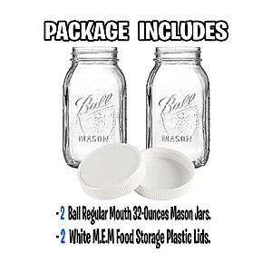 Regular Mouth Mason Jars 32 oz - (2 Pack) - Ball Regular Mouth 32-Ounces Quart Mason Jars with White M.E.M Food Storage Plastic Lids, Caps Fit Ball and Kerr Regular Mouth - For Storage, Freezing, Leak