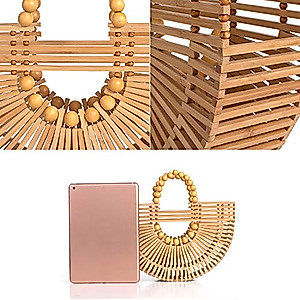 RULER TRUTH Womens Bamboo Handbags Summer Straw Beach Purse, Handmade Straw Purse for Women Natural Wicker Purse Rattan Purse for Women Rose Red