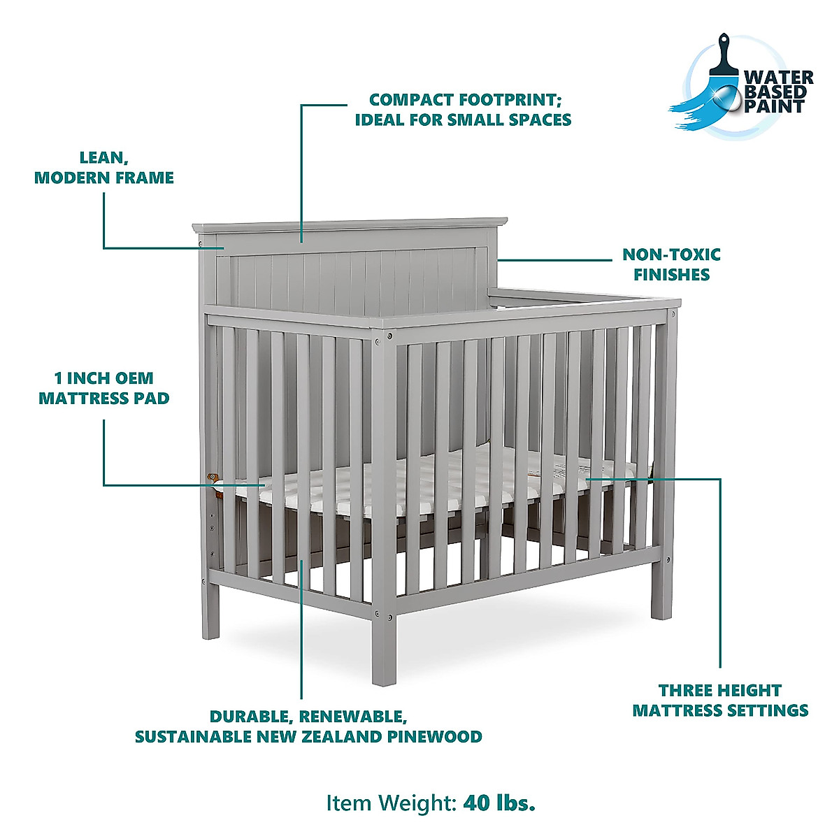 Dream On Me Ava 4-in-1 Convertible Mini Crib in Pebble Grey, 635-PG, Greenguard Gold Certified, Non-Toxic Finish, Comes with 1" Mattress Pad, with 3 Mattress Height Settings