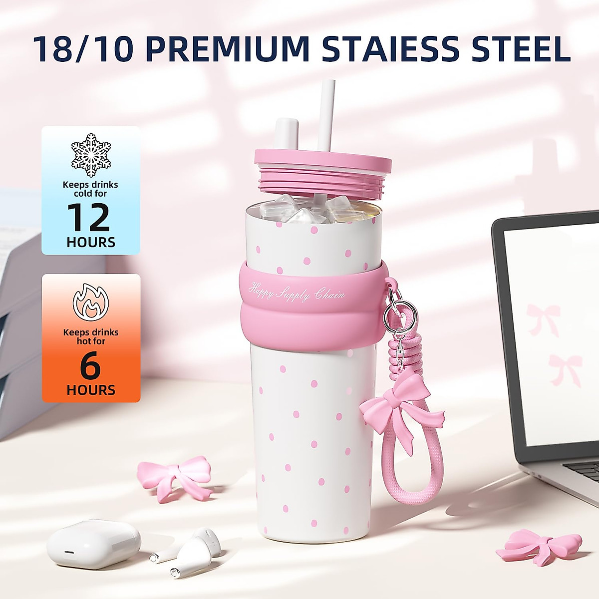 SDGA+ 24 oz Leak Proof Tumbler with Lid and Straw, Insulated Stainless Steel Reusable Thermal Coffee Cup, Cute Portable Iced Coffee Travel Mug, For Women, Water Bottle for Hot and Cold, Pink