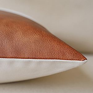 GEGELICA Faux Leather Patchwork White Linen Throw Pillow Covers Modern Minimalist Farmhouse Solid Boho Decorative Pillow Covers for Couch Living Room Bedroom Set of 2 18X18 Inch Brown and Cognac