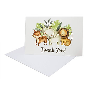 36 Safari Thank You Cards Boxed With Envelopes and Stickers, Kids or Baby Shower Thank You Note, Jungle Greenery Gold 4x6 Varied Zoo Animal Giraffe Gratitude Card Pack For Party, Girl Boy Children Birthday Stationery