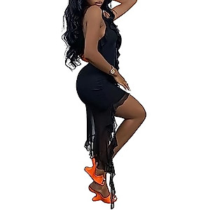 Ekaliy Women's Sexy Ruffle Fringed Mini Dress Halter Neck Backless Y2K Tassels Summer Party Club Bodycon Dress Black XL