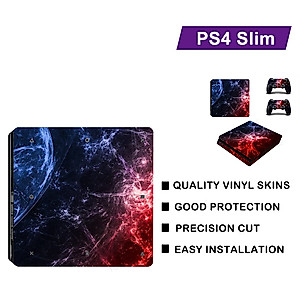 FOTTCZ Full Body Red and Blue Cosmic Nebular Protective Vinyl Skin Decal for PS4 Slim Console and 2PCS Controller Skins Stickers