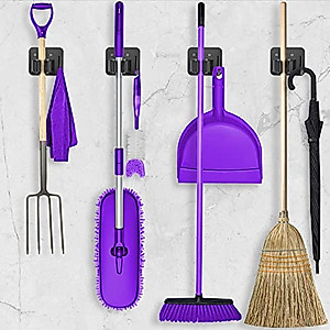YUWANTING Stainless Steel Broom Holder, Heavy Duty, Rust Resistant, 4 Gripper Positions with 4 Hooks, Black
