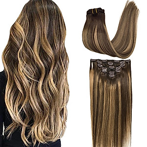 GOO GOO Clip in Hair Extensions Real Human Hair, Remy Human Hair Extensions Clip ins for Women, Natural Human Hair, 16inch 120g 7Pcs, 4/27/4 Balayage Chocolate Brown to Caramel Blonde