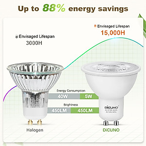 DiCUNO GU10 LED Bulb Dimmable, 40W Equivalent, Natural White 4000K, 450LM, MR16 GU10 LED for Spotlight, Track Lighting, 5W LED Light Bulb with 38° Beam for Kitchen, Range Hood, Living Room, Pack of 6