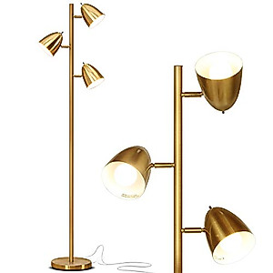 Brightech Jacob LED Standing Lamp, Modern Bright Floor Lamps for Living Rooms & Bedrooms, Tall LED Lighting Lamp with Adjustable 3 Light Tree – Antique Brass/Gold