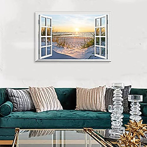 Woxfcart Window Beach Picture Canvas Wall Art Ocean Sunset Decor Yellow Natural Landscape with Framed 36x24