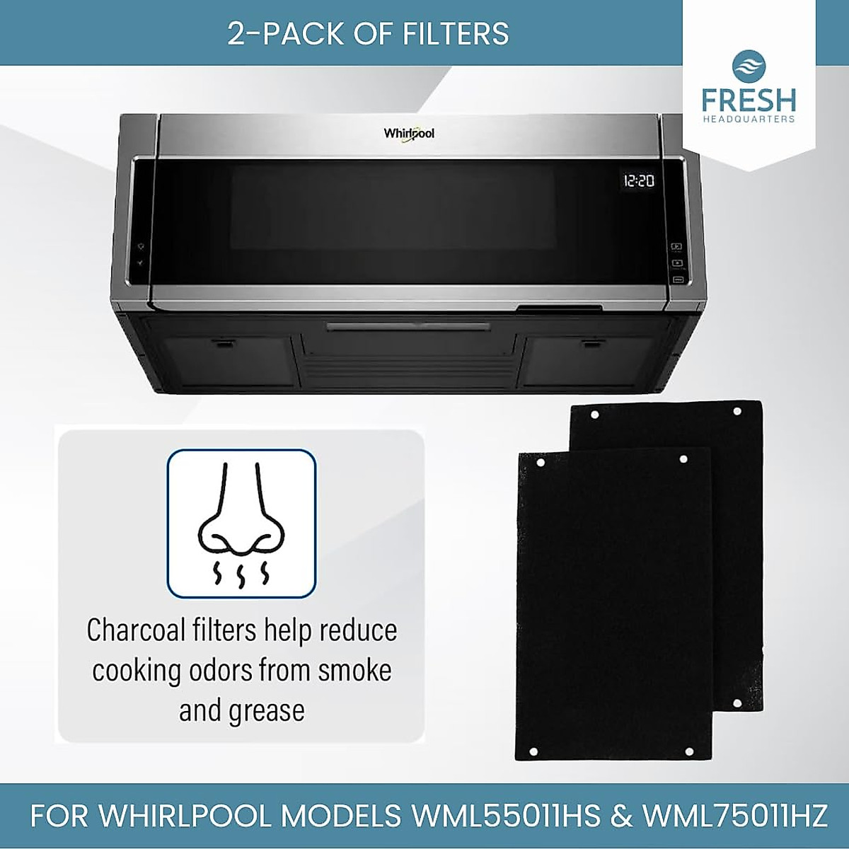 2 Pack Replacement Air Filters for Whirlpool Low Profile Microwave Oven – Activated Charcoal Filters for Over the Range Microwave Hood Models WML55011HS and WML75011HZ (Whirlpool 10.25"x7.125")